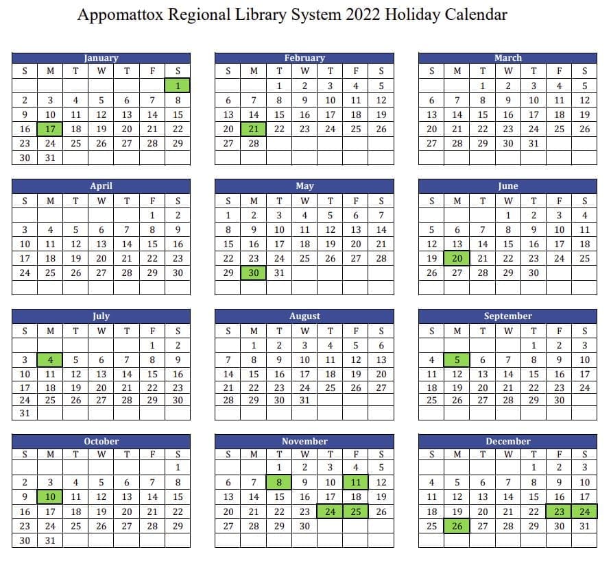 Closing Schedule | Appomattox Regional Library System