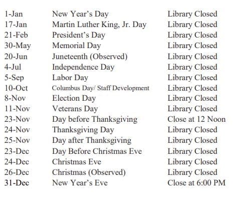 Closing Schedule | Appomattox Regional Library System